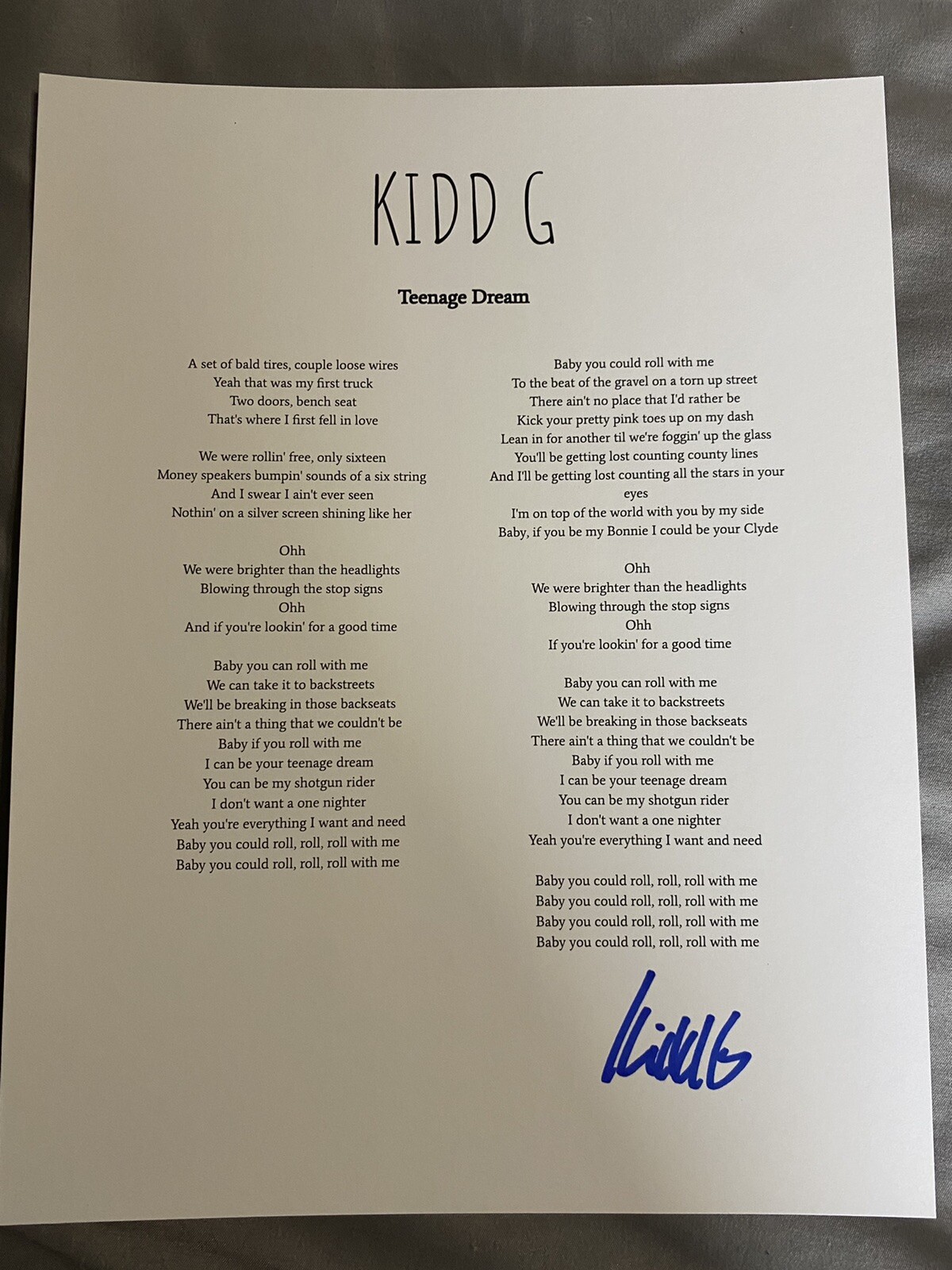 Kidd G signed autograph Lyric Sheet Teenage Dream young country star ...