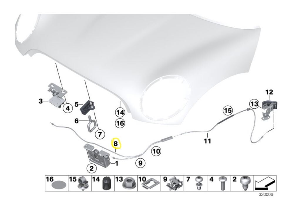 OEM Mini Cooper Hood Latch Release Double Cable Bowden Cable Front ...