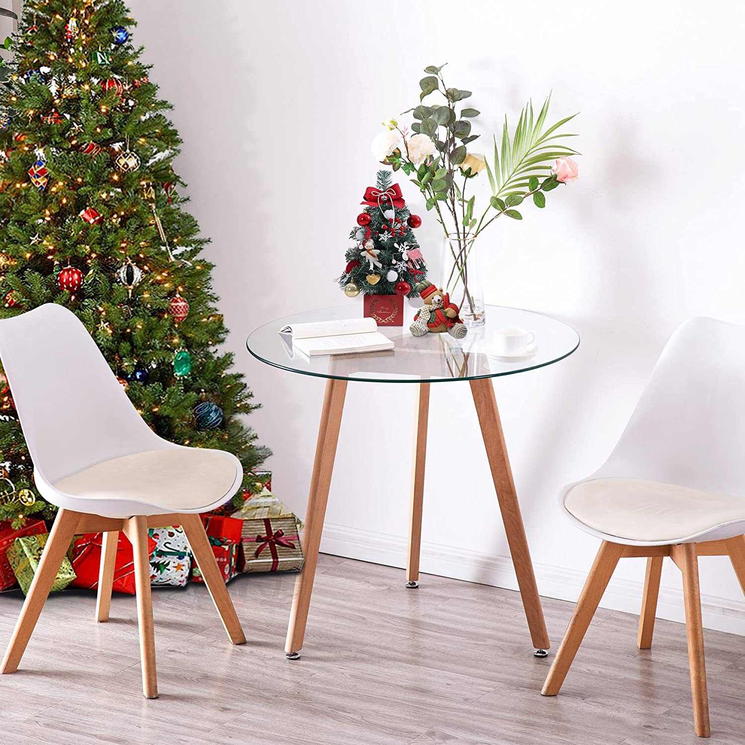 Ivinta Dining Table with Glass top, Round Kitchen Table with Wood Legs ...