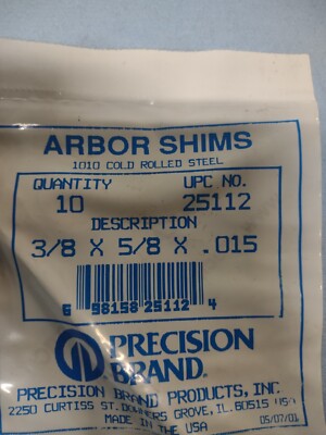 Precision Brand #25112 Arbor Shims 3/8 i.d. X 5/8 o.d. X .015 thick ...