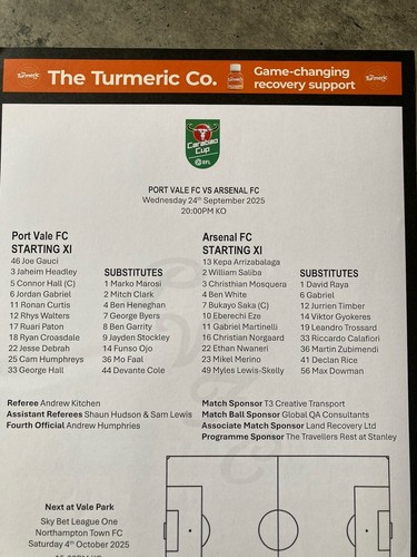 Port Vale v Arsenal team sheet 24/09/2025 Carabao Cup Round 3 | eBay