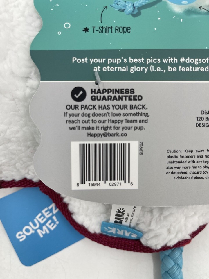 Bark 12" Stingray Dog Toy w/Large Squeaker Rope & Crinkle, for ...