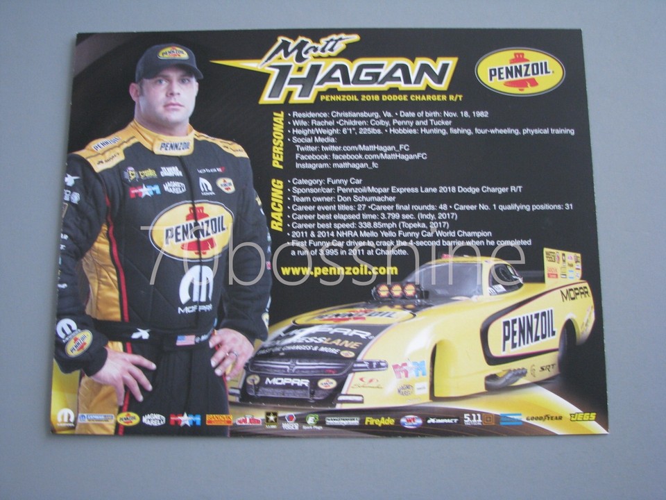 MATT HAGAN 2018 PENNZOIL MOPAR FUNNY CAR 8.5x11 NHRA DRAG RACING ...