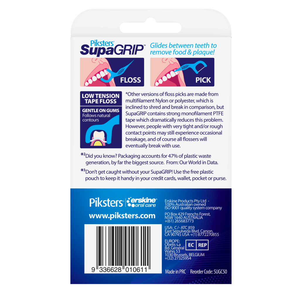 Piksters SupaGRIP Advanced Floss Picks 50 Pack Includes Hygienic Carry ...