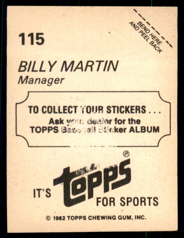1982 Topps Stickers Billy Martin Oakland Athletics #115 MLB Baseball | eBay