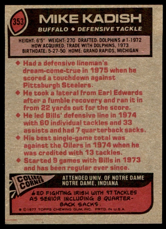 1977 Topps Mike Kadish Rookie Buffalo Bills #353 | eBay