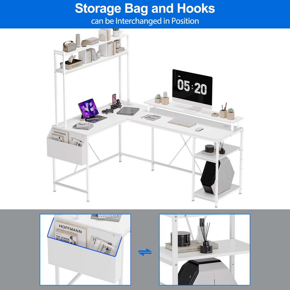 Storage Shelves L Shaped LED Computer Gaming Desk PC Corner Office ...