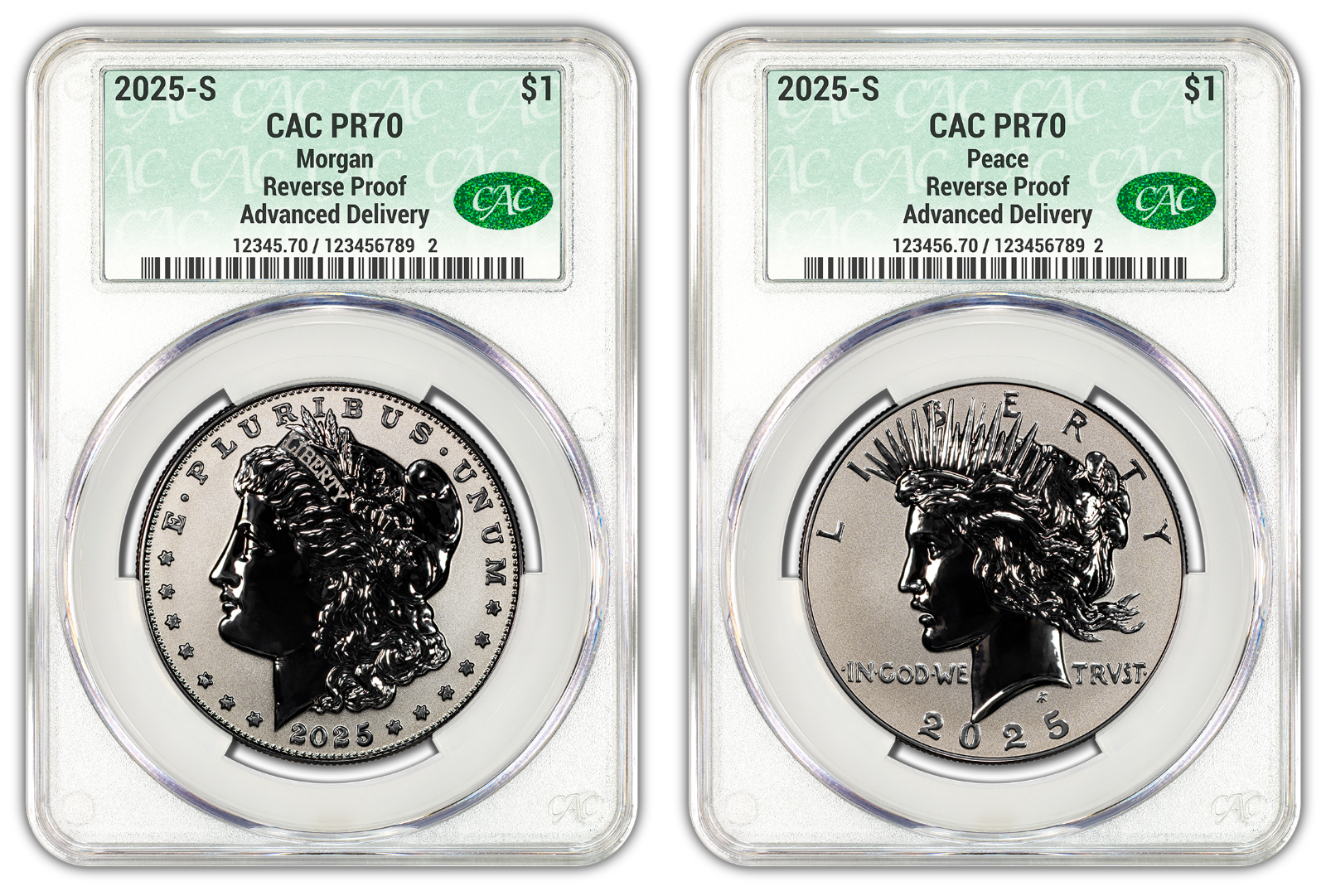 2025-S (PR70) Reverse Proof Morgan & Peace Silver Dollar CAC AR/AD ...