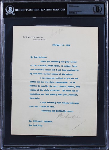 Woodrow Wilson Signed 7x8.75 1914 Letter On White House Letterhead BAS ...