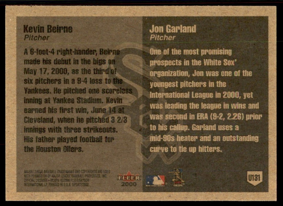 Jon Garland 2000 Fleer Tradition Update Rookie #U131 Kevin Beirne White ...