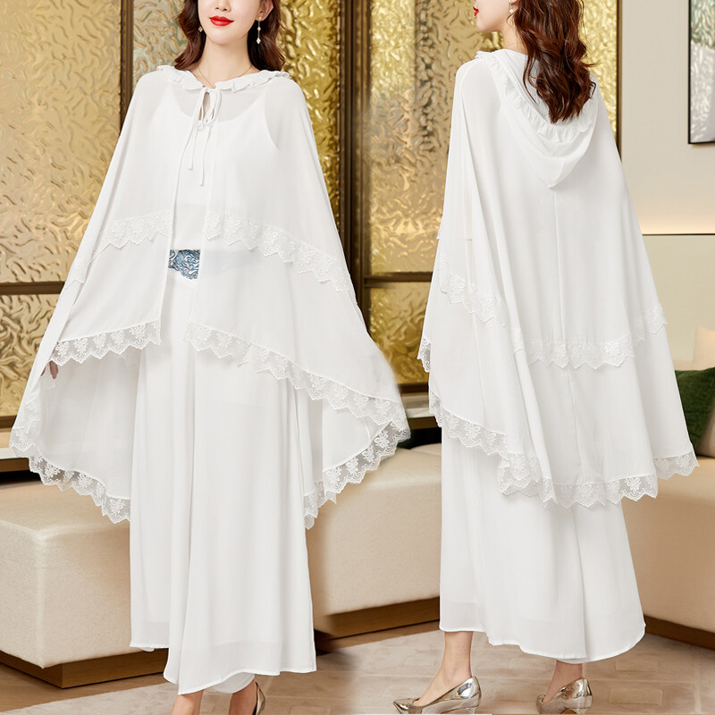 Women Chiffon Cloak Hooded Cape Shawl Wedding Bridal Sheer Ruffle Midi ...