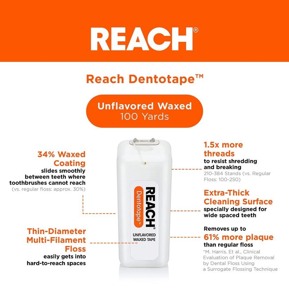 Reach Dental Floss Dentotape Waxed Extra Wide Unflavored 100 Yards Tape ...