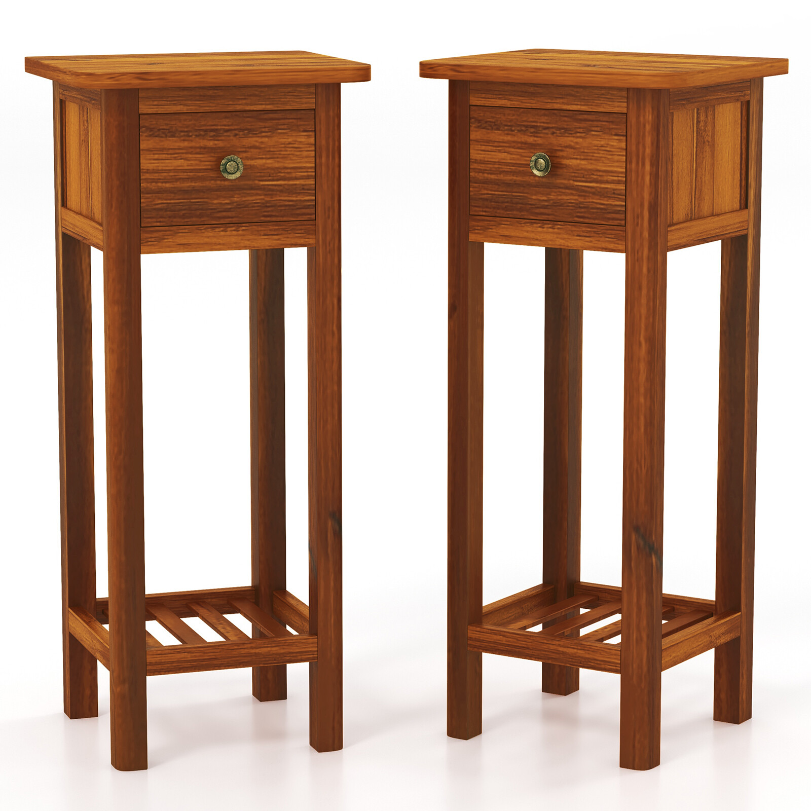 2PCS Solid Wood Side Table w/ Acacia Wood Top Drawer & Open Shelf Small ...