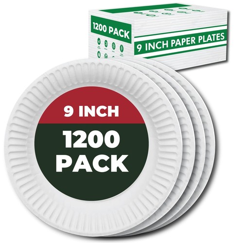 9 Inch Paper Plates Uncoated 1200 Count, Disposable White Paper Plates ...