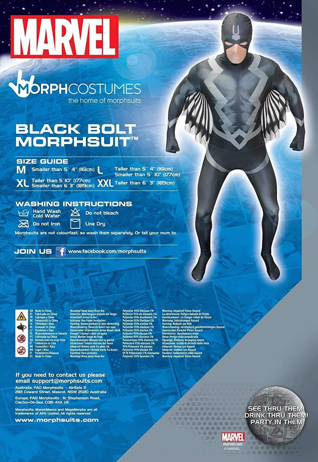 MARVEL BLACK BOLT MORPHSUIT MORPH COSTUME ADULT FANCY DRESS MENS SIZES ...