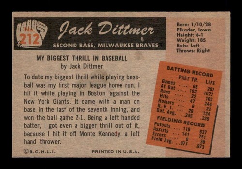 1955 Bowman #212 Jack Dittmer EXMT+ X3064729 | eBay