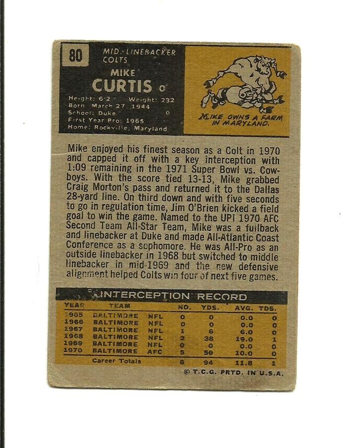 1971 TOPPS #80 Mike Curtis: Baltimore Colts: Middle Linebacker ...