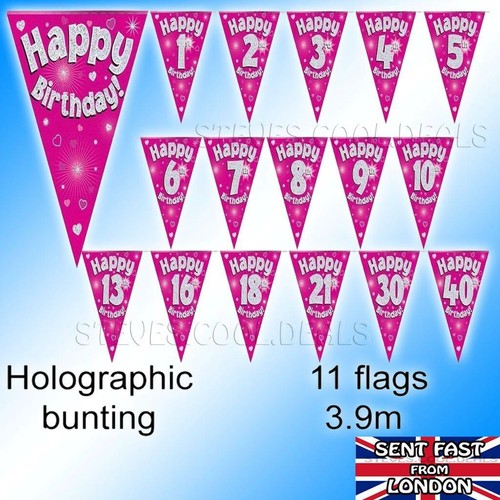 Pink Happy Birthday Bunting Flags Banner Balloon Age 1st to 90th GIRLS ...