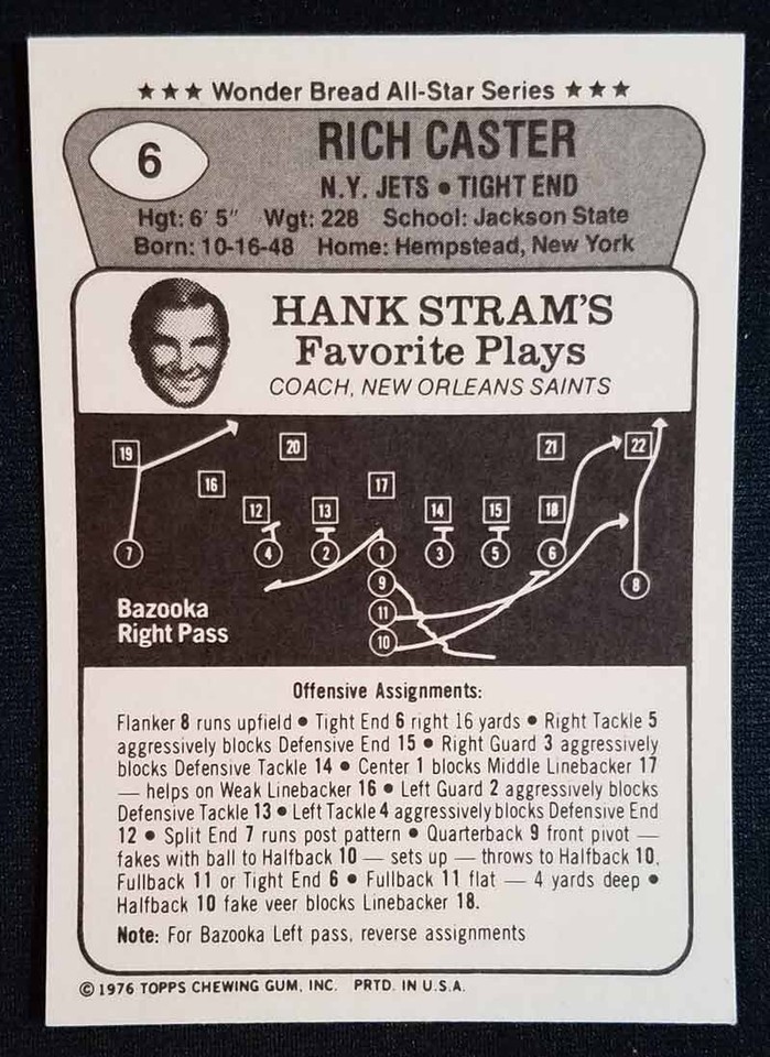 1976 Wonder Bread All-Star Series #6 Rich Caster New York Jets NM ...