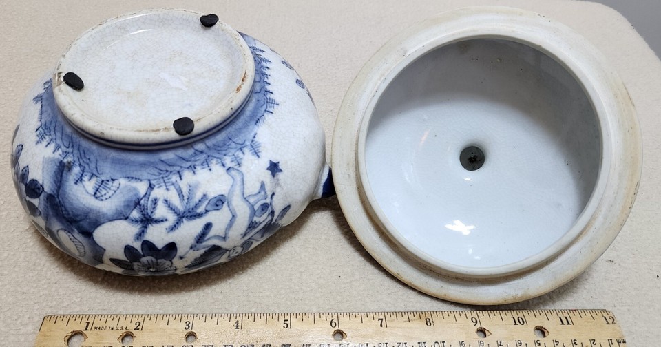 Serving Lidded Bowl Tureen Bean Pot Blue White Winged Cherubs Flowers ...