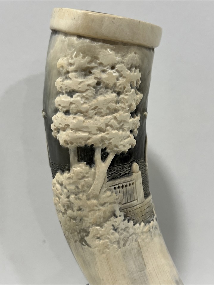 POWDER HORN DISPLAY CARVED POWDER HORN SCRIMSHAW FOLK ART SAILING ...