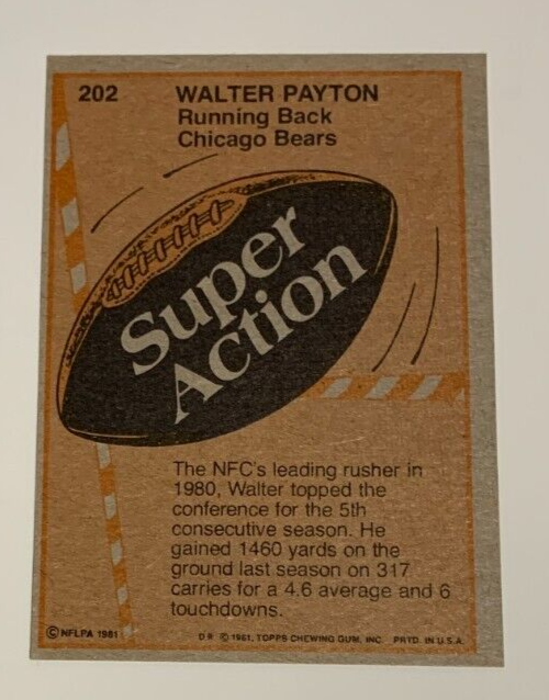 NFL WALTER PAYTON Chicago Bears 1981 Topps Football Trading CARD #202 ...