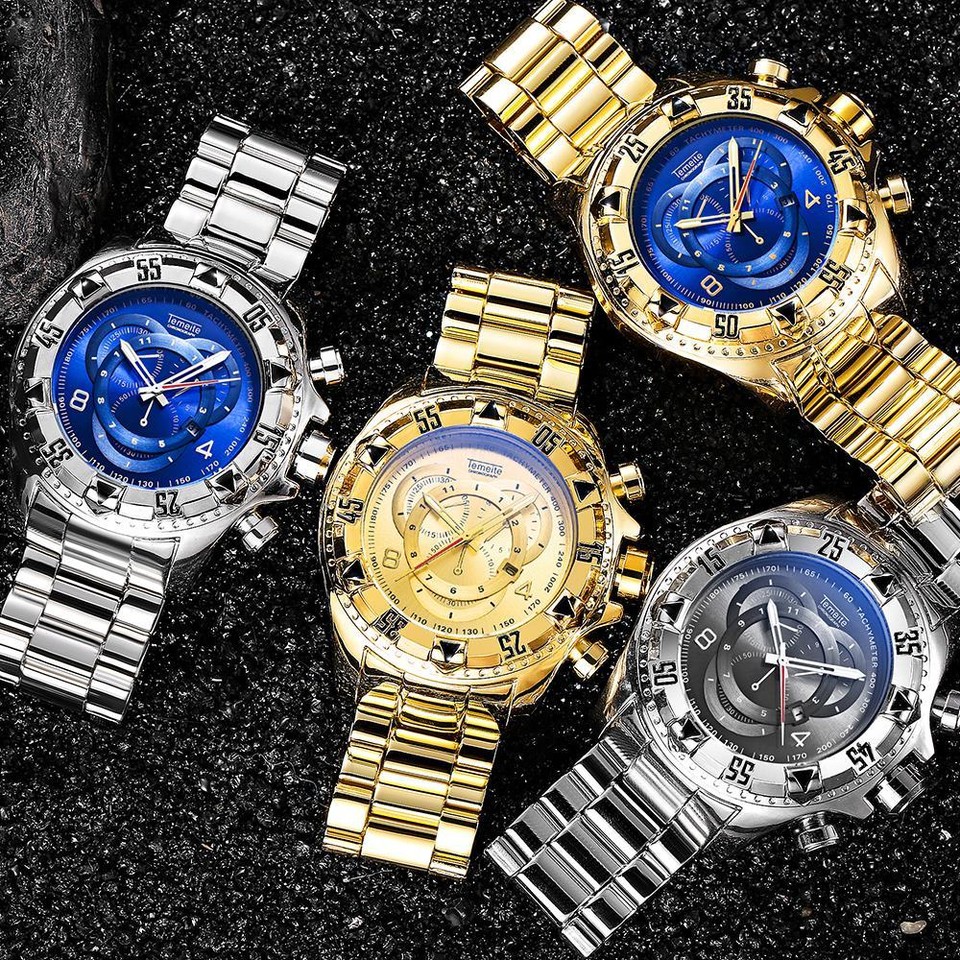 TEMEITE 2026 Mens Fashion Big Dial Quartz watch Luxury Gold Blue Full ...