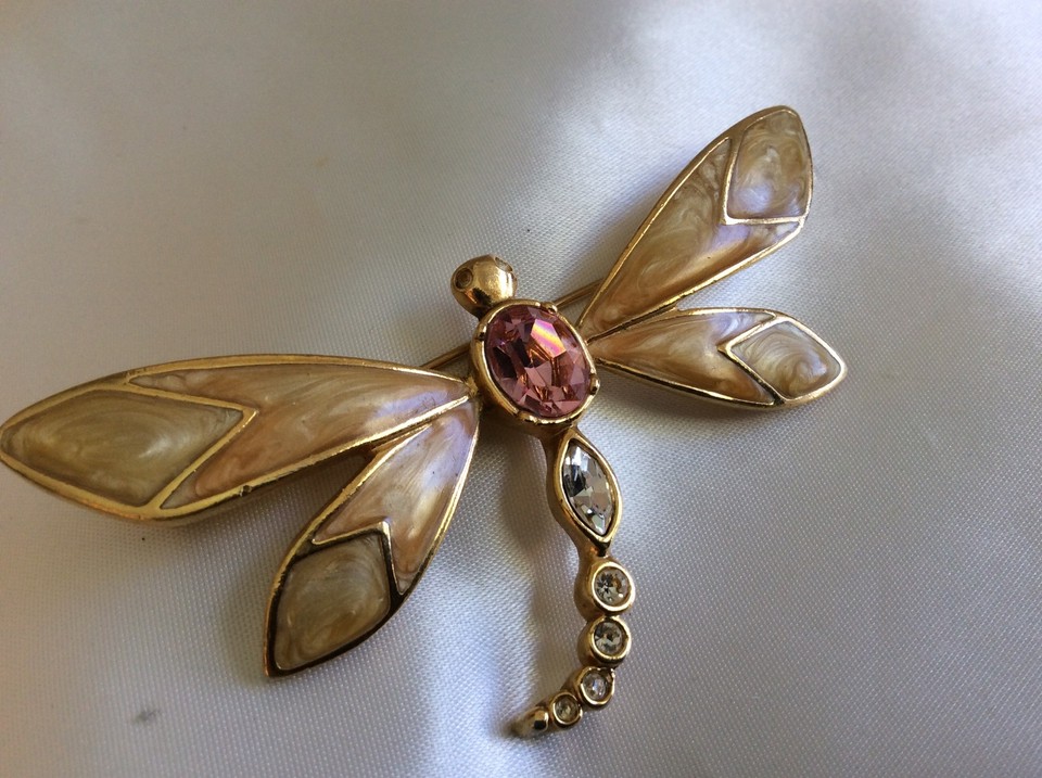 VTG KJL for AVON Pink Enamel & Crystal gold tone Dragonfly pin brooch ...