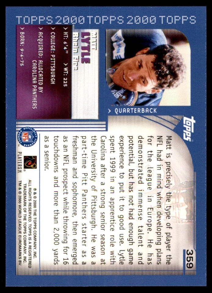 2000 TOPPS COLLECTION MATT LYTLE RHEIN FIRE #359 | eBay