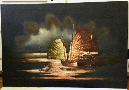 C. Chan - Vintage Original Large Painting Chinese Junk Sailboats ...