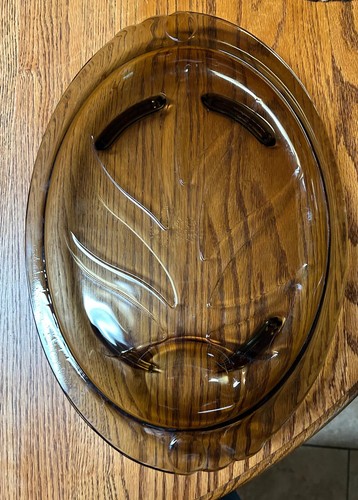 Pyrex Smoked Color Glass Turkey Platter Tree of Life Footed Meat Server ...