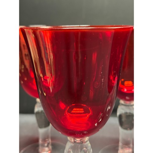 Set of 5 Handblown Ruby Red Bell-Shaped Goblets with Clear Stems ...