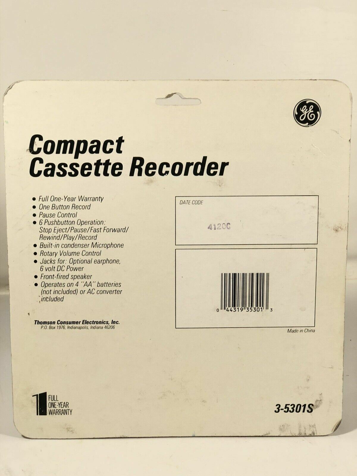 General Electric GE Compact Cassette Recorder Vintage Model 3-5301S w ...