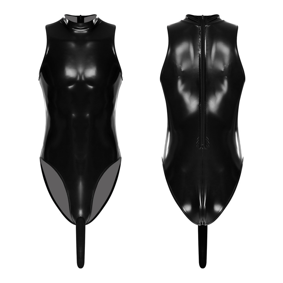 Mens Sissy Faux Leather Open Back Bodysuit Bulge Pouch Thongs Wrestling ...