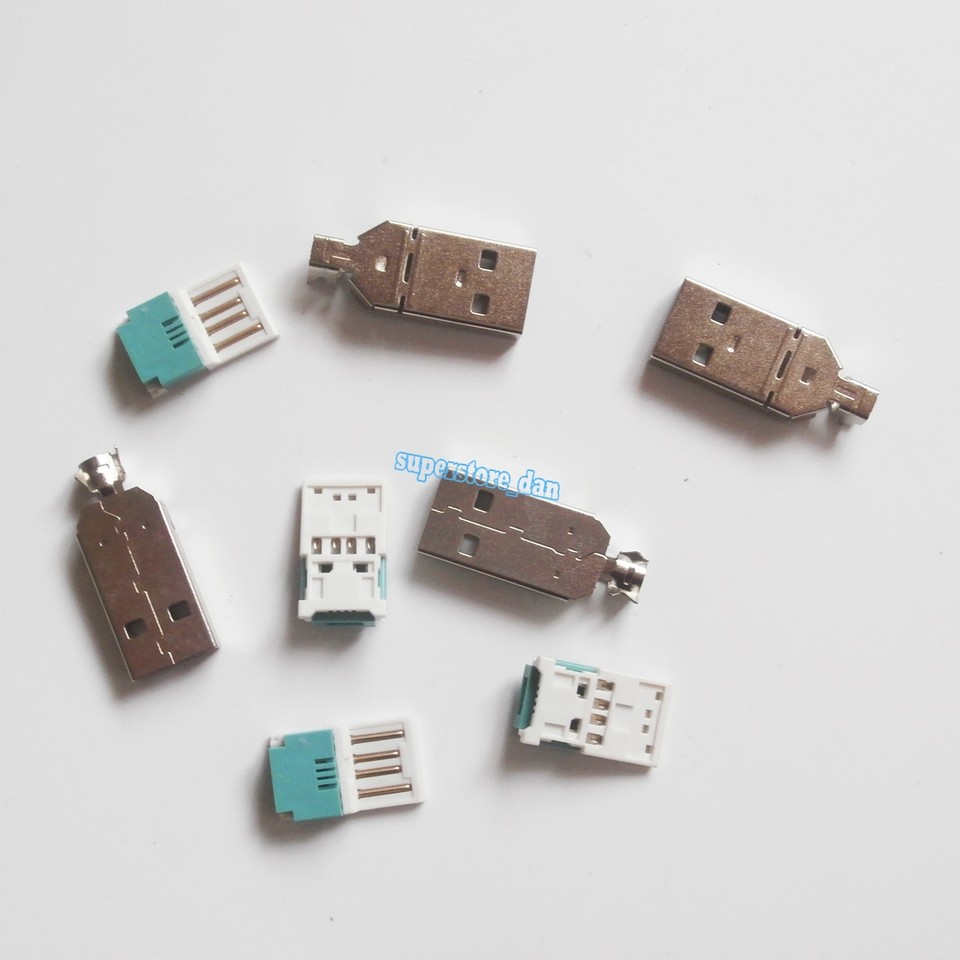 5Pcs USB 4 Pin Type-A Male 2-Piece NO Solder Connector Plug Metal Cover ...