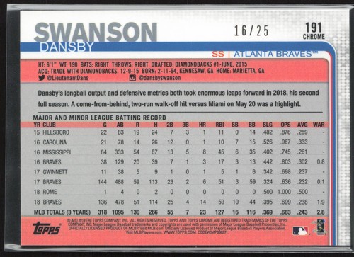 Dansby Swanson 2019 Topps Chrome Sapphire #191 Orange Refractor /25 | eBay