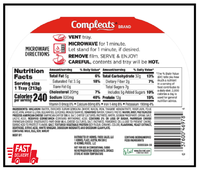 (7 Pack) Hormel COMPLEATS Beefy Mac & Cheese Meals, High Protein, 7.5 ...
