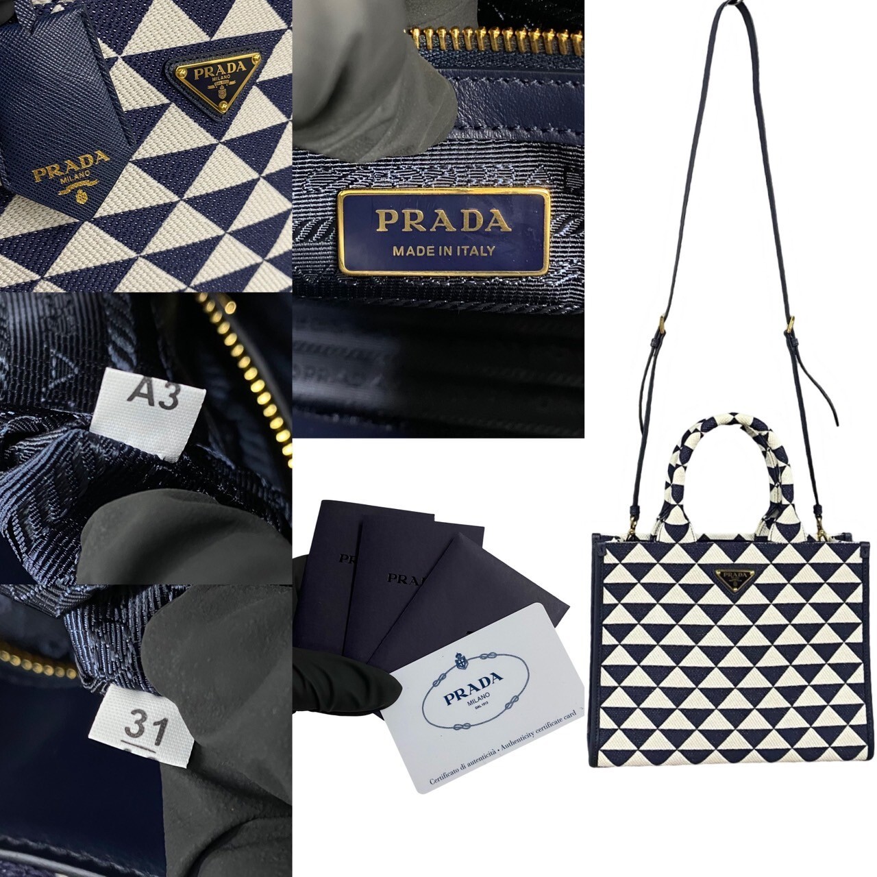 PRADA Symbol Embroidery Fabric Small Triangle Logo Metal Handbag canvas ...
