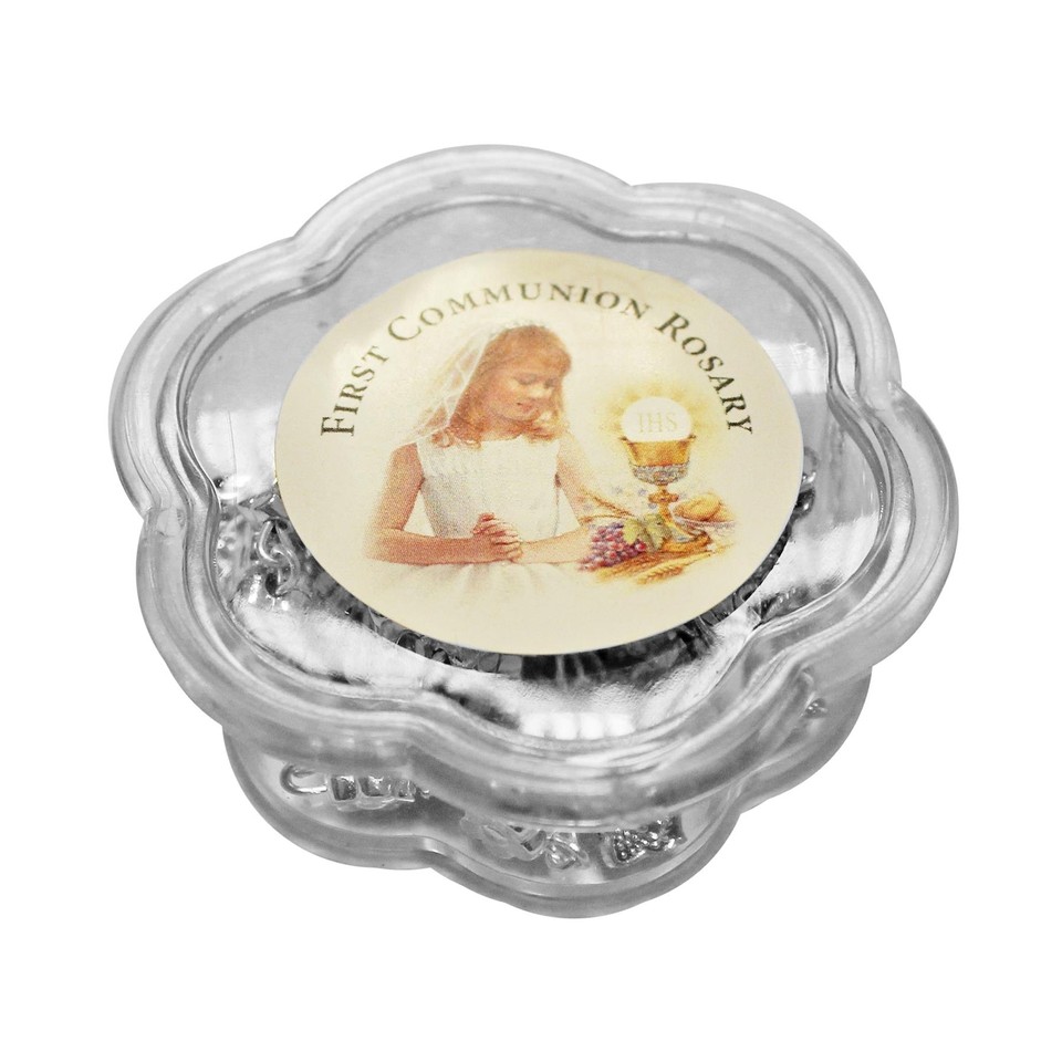 First Holy Communion Silver Flower Rosary Beads in Plastic Pot | eBay