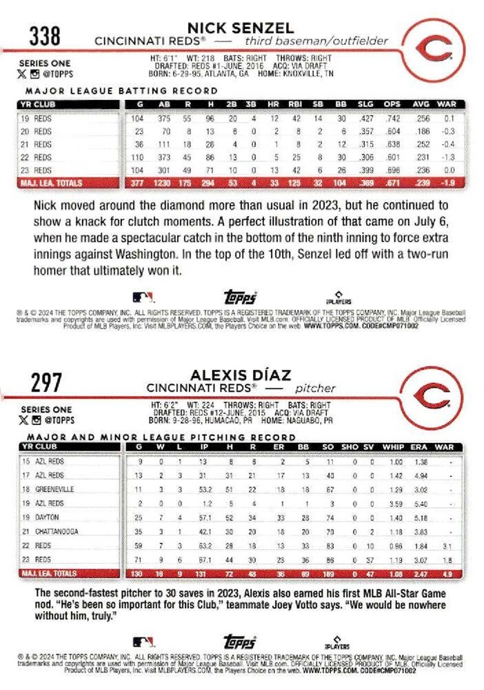 (2x) Alexis Diaz + Nick Senzel 2024 Topps Baseball #297 + #338 ...