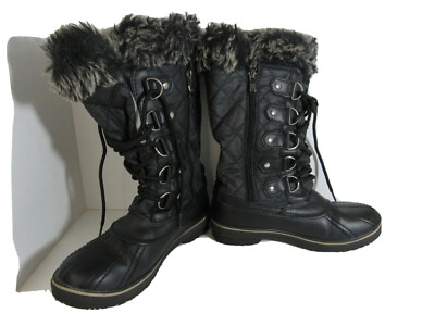 Global Win Boots Shoes Black Mid-Calf Lace Up Faux Fur Zip Size US 6.5 ...