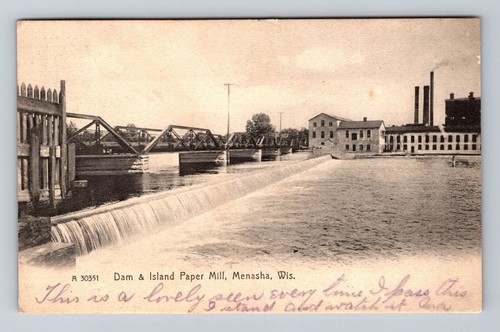 Menasha WI-Wisconsin, Dam And Island Paper Mill, Vintage c1910 Postcard ...