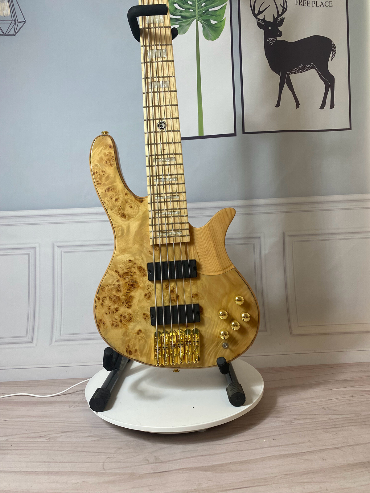 6 Strings Natural Electric Bass Gold Hardware Maple Fretboard Tree Burl ...