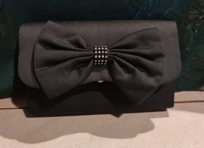 Black Satin embellished Bow Evening Clutch Bag Purse Handbag Vintage ...