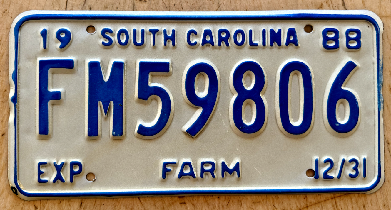 MINT 1988 SOUTH CAROLINA FARM LICENSE PLATE " FM 59806 " SC | eBay