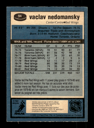 1981-82 O Pee Chee # 94 Vaclav Nedomansky Autograph Signed Card (M2) Red Wings | eBay