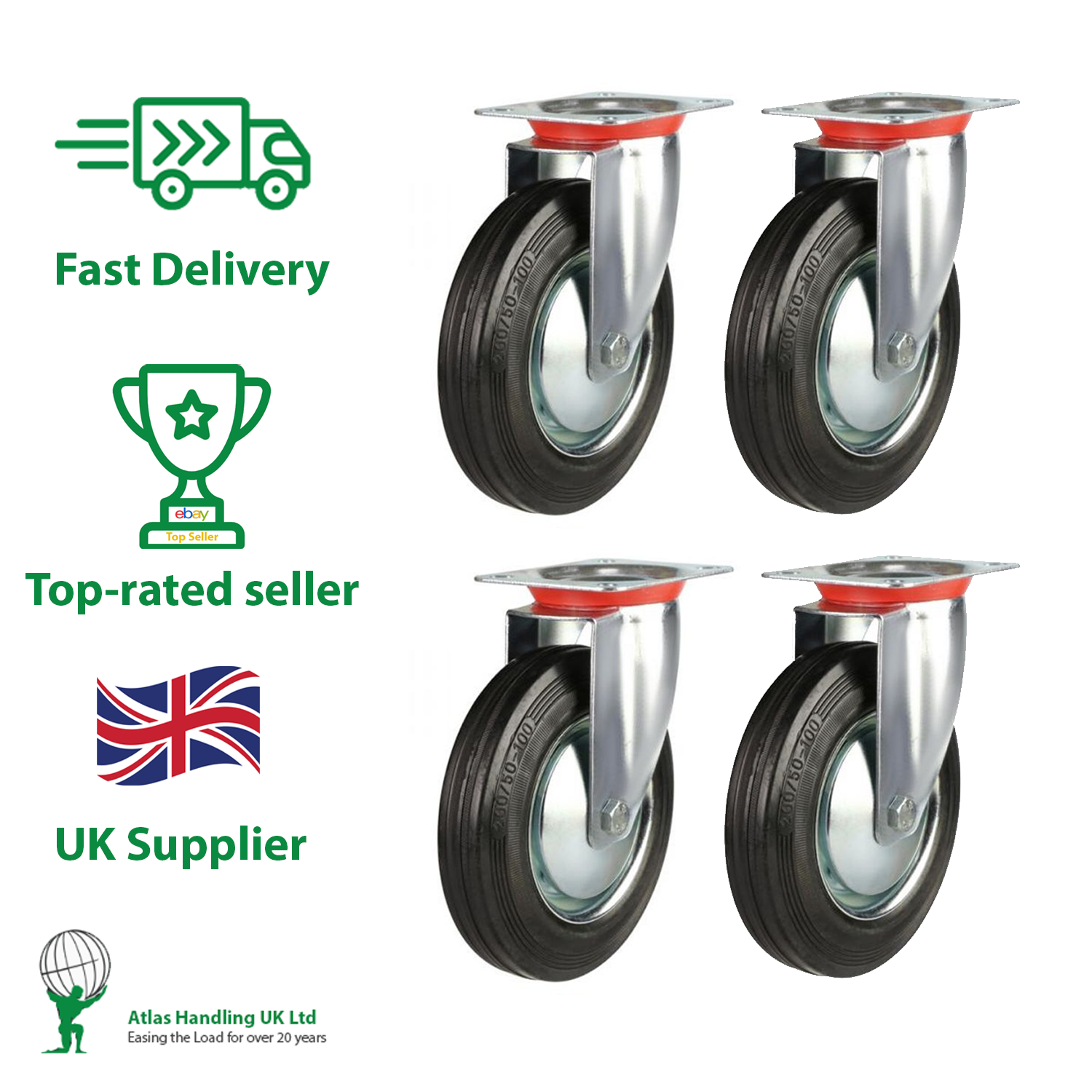 Heavy Duty Rubber 150mm/6" 4x Swivel Castor Wheels 450kg Trolley/Cart ...