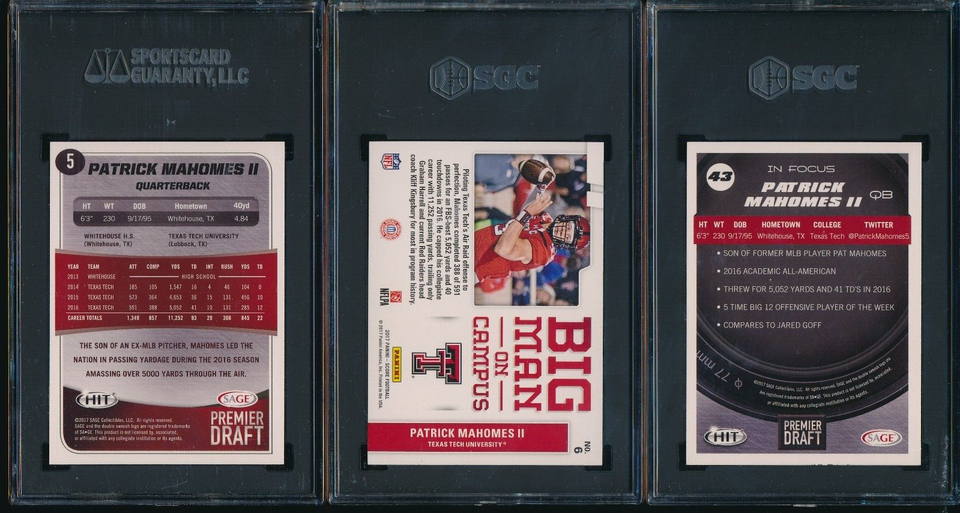 2017 PATRICK MAHOMES SGC 10 LOT OF 3 SAGE HIT #5 HIT IN FOCUS #43 SCORE ...