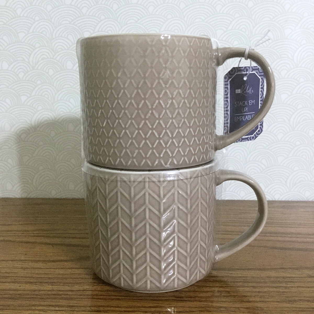 Embossed Coffee Mug Set 2 Stackable Stoneware 14 oz Geometric Classic ...