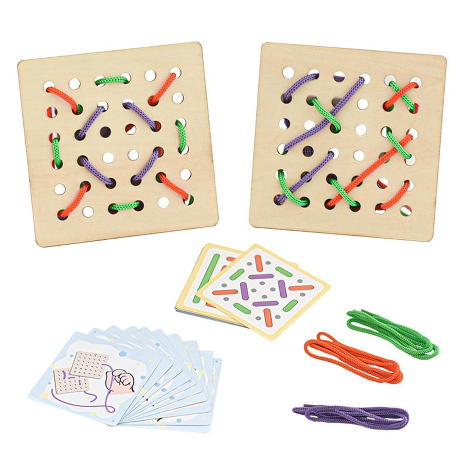 Wooden Threading Toy Rope Threading Game Wooden Lacing Cards for ...